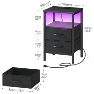 HOOBRO Nightstand with Charging Station and LED Light, Night Stand with 2 Fabric Drawers and Open Storage, Bedside Table with USB Ports and Outlet, End Table for Bedroom, Black BB110UDBZ01