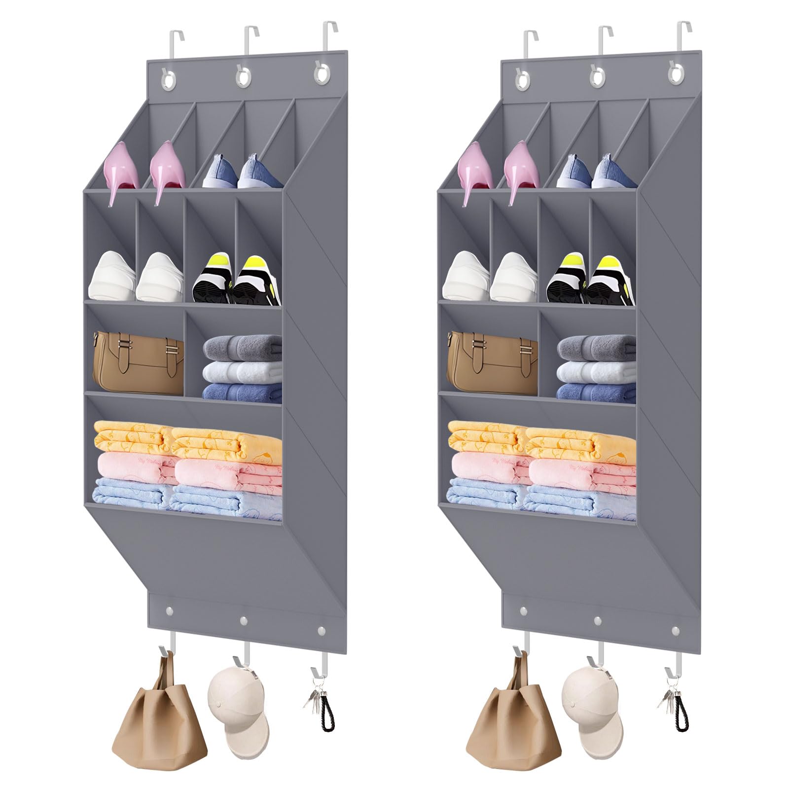 QINGUANG Over the Door Shoe Organizer for Closet, 2 Pack Hanging Shoe Rack, Oxford Fabric Shoe Storage Organizer, Shoe Holder Behind the Door with 11 Pockets,6 Hooks Each, Grey