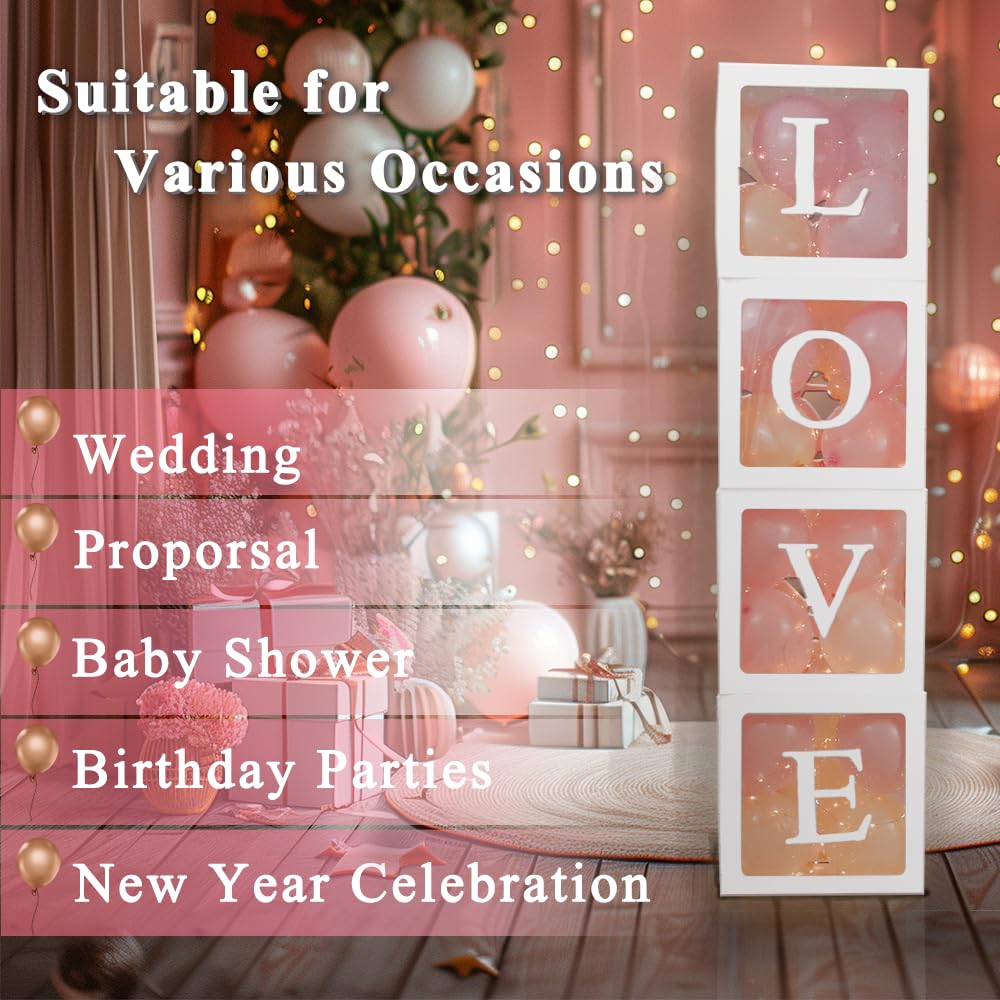 Ledido Baby Boxes with Letters for Baby Shower Balloon Box with Lights,4 Pcs Fairy String Lights and 43 Letters, Clear Blocks for Birthday Party, Bridal Shower, Gender Reveal Decoration - 4 PCS Boxes