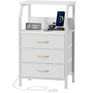 furnulem night stand with charging station, 28.3 inch tall bedside table with pvc & fabric drawers, side table with usb ports & outlets, 3 drawer storage nightstand for bedroom, 3 ways to use, white