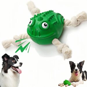 generic new indestructible robust rubber & cotton toad dog toy for aggressive chewers，toad shape unbreakable interactive dog chew toys, chew-resistant toad squeaky dog toy for teeth cleaning, green