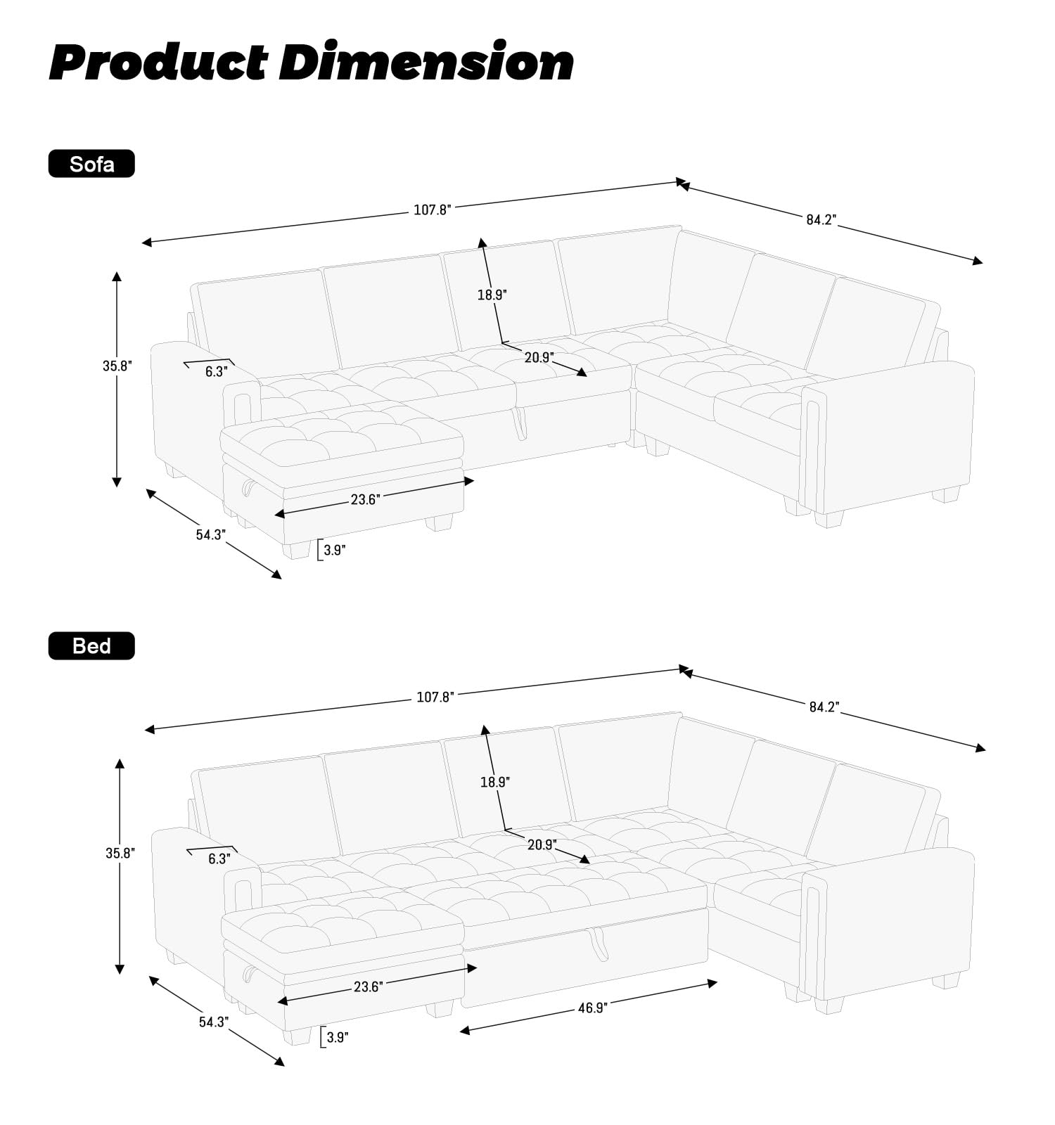 Belffin Modular Sectional Sleeper Sofa with Pull Out Bed U Shaped Sectional Sofa Couch with Storage Ottoman Velvet Covertible 7-Seater Sofa for Living Room Black