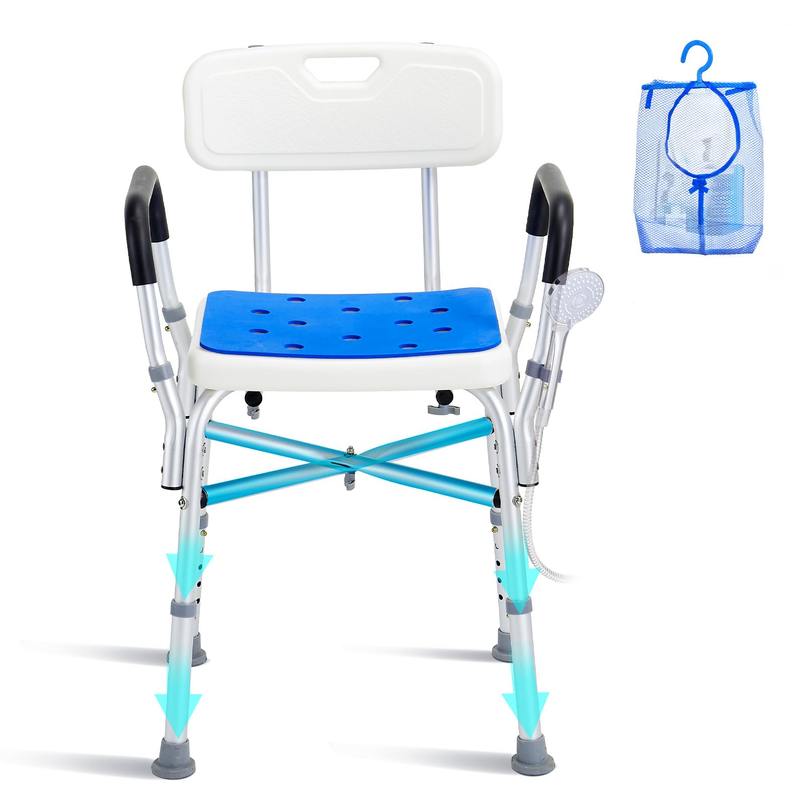 Shower Chair Seat, 400 lbs Capacity, Shower Stool with Crossing Bar, Padded Armrests and Back, Shower Chair for Inside Shower Bathtub, Adjustable Height Bench Bath Chair for Elderly Disabled