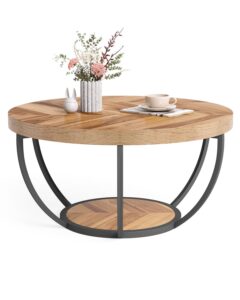 little tree round coffee table, 32" circle coffee table for living room, 2-tier wood accent center table with open storage industrial design home furniture (wood grain and black)