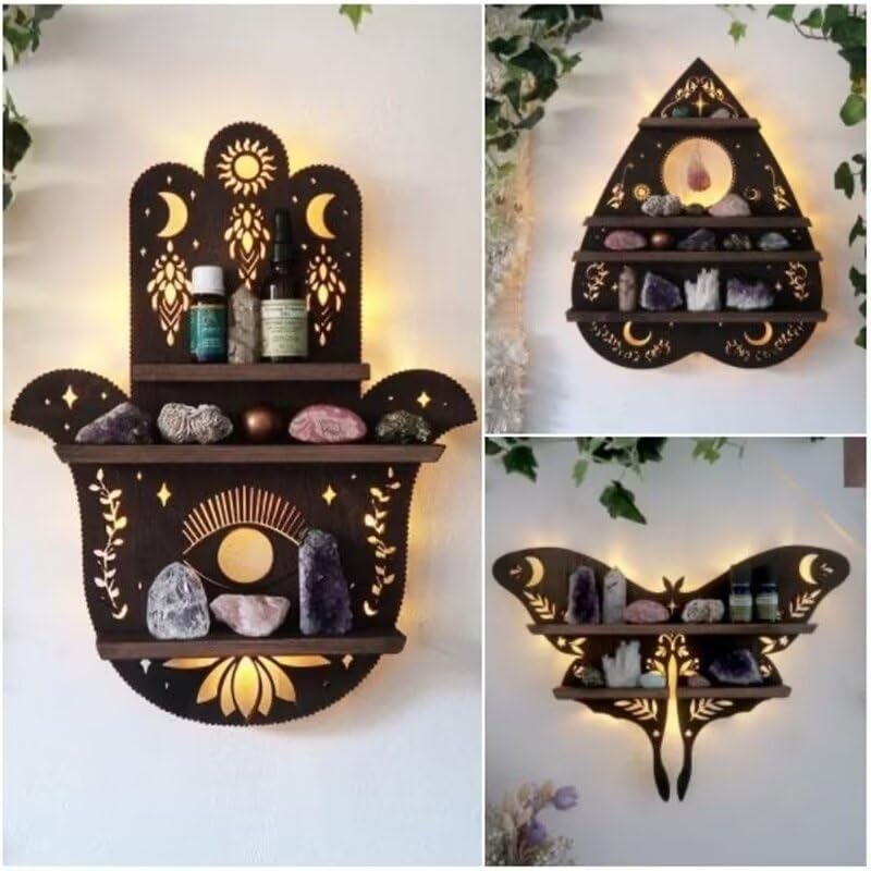 SlenyuBridal Cat on The Moon Crystal Wood Shelf, Wall Mounted Moon Crystals Display Shelf Wooden Floating Shelf Gothic Witchy Room Decoration(Black)