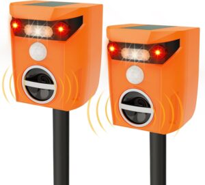 x-pest solar powered deer repellent ultrasonic outdoor animals repeller away device for yard such as raccoons, deer, dogs, cats, foxes, skunk and more waterproof - 2 pack