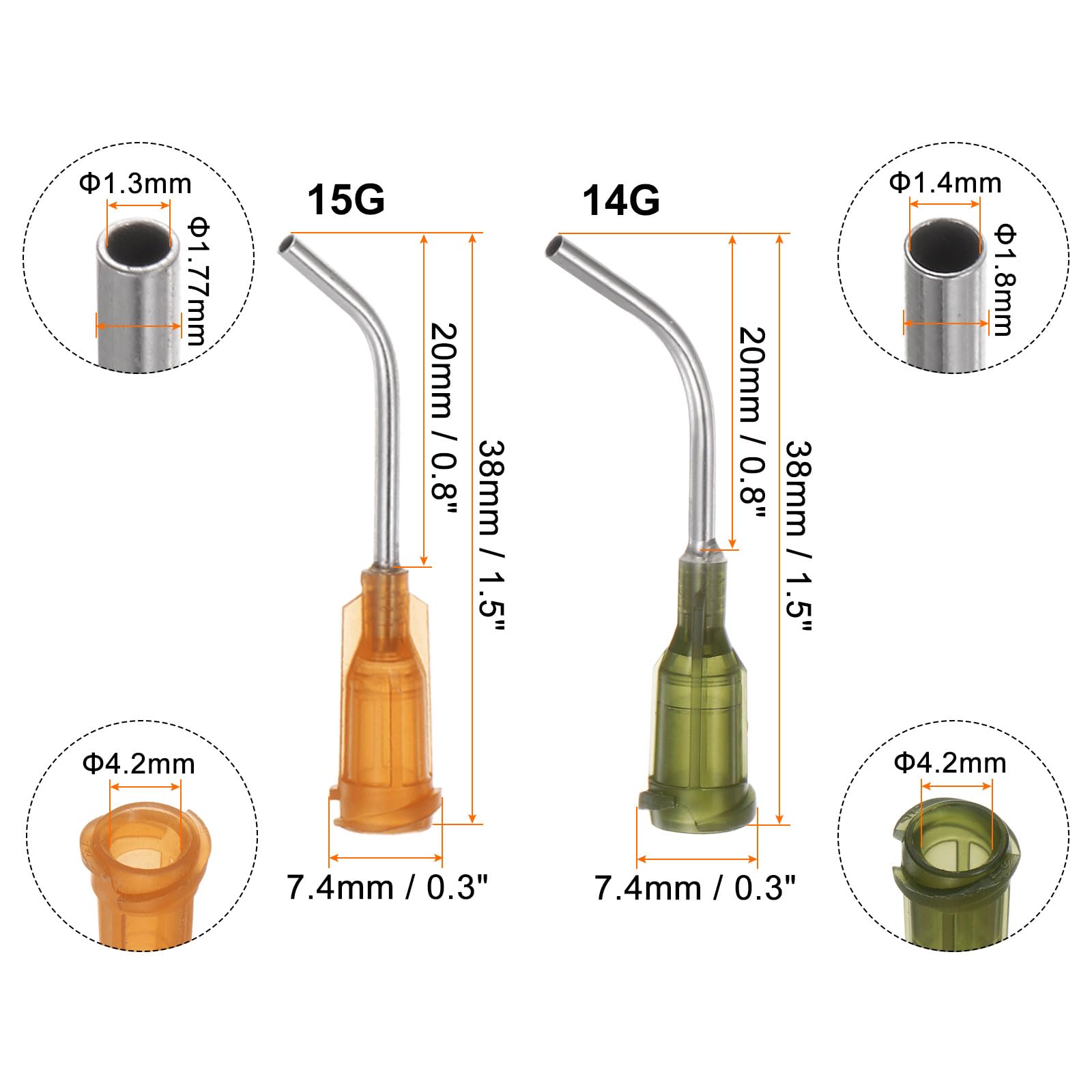 HARFINGTON 24pcs Blunt Tip Dispensing Needles 14G 15G 45 Degrees Bent Dispensing Tips 1" End Angled Dispenser Needle with Luer Elbow Blunt Needle for Oil or Glue Applicator, Olive, Amber