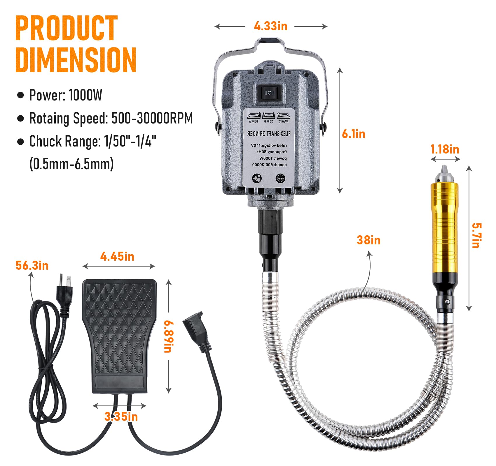 lesolar 1000W Flex Shaft Rotary Tool Kit, 30000RPM Electric Flex Shaft Hanging Grinder Carver Support Forward & Reverse Rotation, High Speed Hanging Grinding Machine with Variable Speed Foot Switch