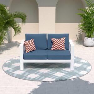 amopatio oversized patio furniture aluminum loveseat, all-weather outdoor 2 seats sofa couch, modern metal chair w/ 5 inch cushions, white&blue (include waterproof sofa covers)