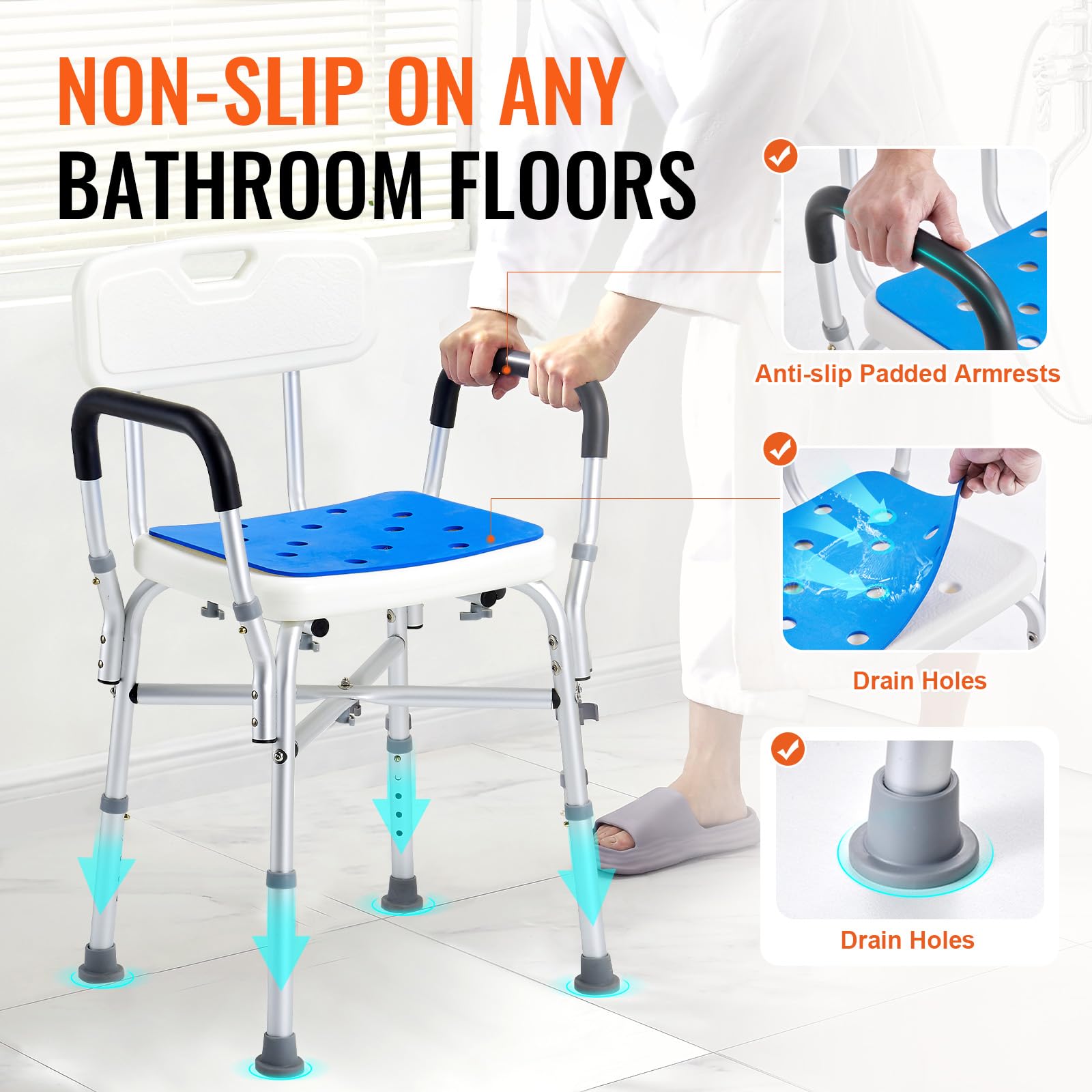 Shower Chair Seat, 400 lbs Capacity, Shower Stool with Crossing Bar, Padded Armrests and Back, Shower Chair for Inside Shower Bathtub, Adjustable Height Bench Bath Chair for Elderly Disabled