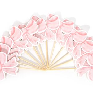 12Pcs Pink Bow Cupcake Toppers - Girls Birthday Party Decorations,Bow Tie Birthday Cupcake Toppers,Bachelorette Wedding Party Decorations,Pink Bow Girl Cake Smash Photo Props