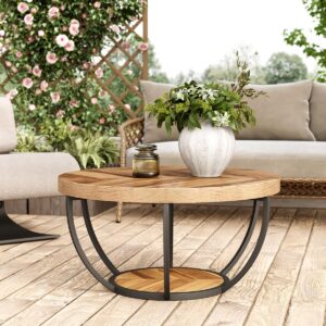 LITTLE TREE Round Coffee Table, 32" Circle Coffee Table for Living Room, 2-Tier Wood Accent Center Table with Open Storage Industrial Design Home Furniture (Wood Grain and Black)