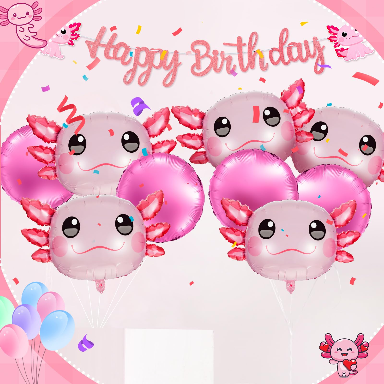 Trandraft 9 Pcs Axolotl Birthday Decorations Pink Inflatable Axolotl Party Supplies Include 4 Pcs Aluminum Foil Axolotl Balloons 4 Round Balloons and 1 Axolotl Happy Birthday Banner for Themed Party