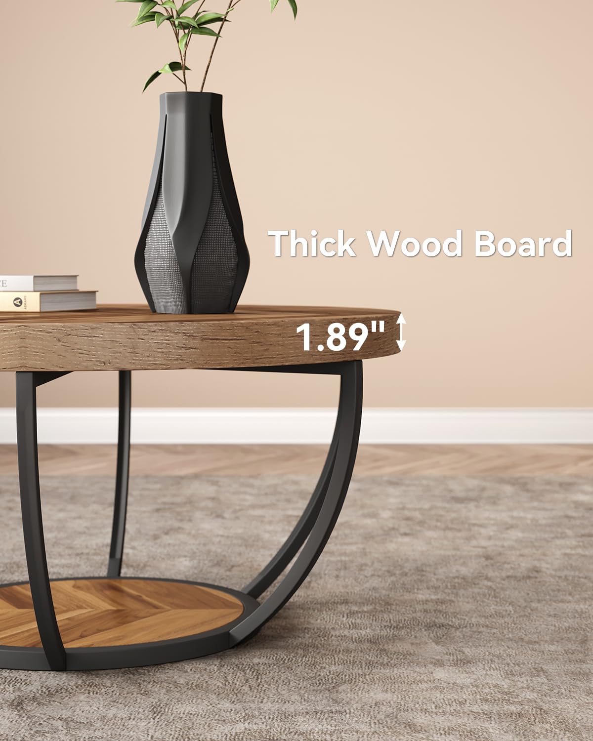 LITTLE TREE Round Coffee Table, 32" Circle Coffee Table for Living Room, 2-Tier Wood Accent Center Table with Open Storage Industrial Design Home Furniture (Wood Grain and Black)