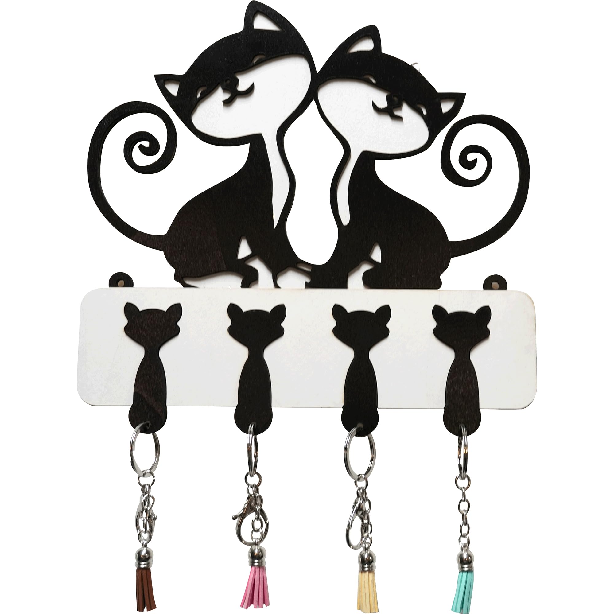 ARCORP Wooden Cat Key Holder for Wall with Four Cute Keychains, Mounting Hardware - Decorative Handcrafted Cat Puzzle Key Organizer and Home Decor - Eco-Friendly Wood Key Hanger