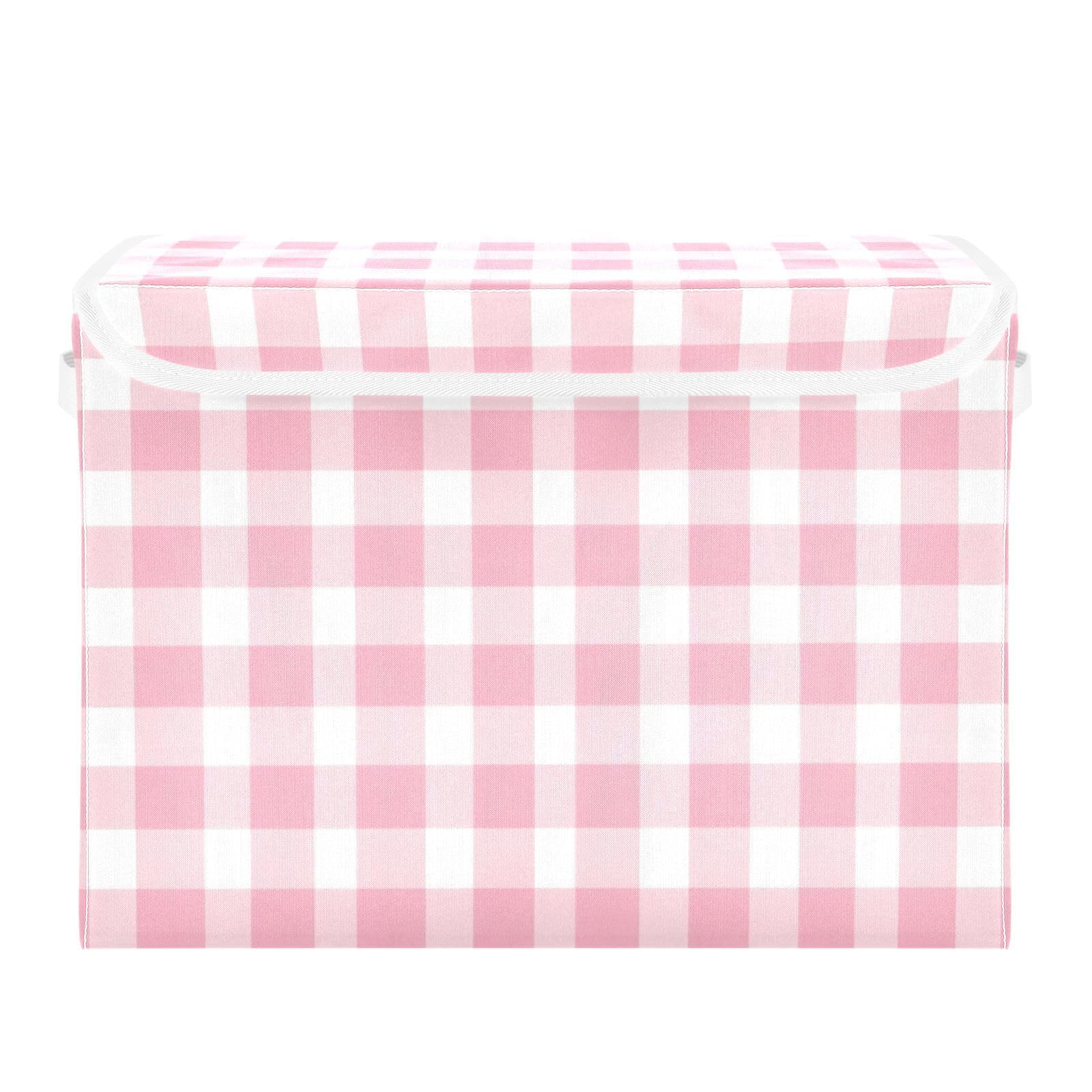 Moudou Pink Buffalo Plaid Storage Bin with Lid, Large Collapsible Cube Storage Box for Closet, Office, Bedroom, Home Decor