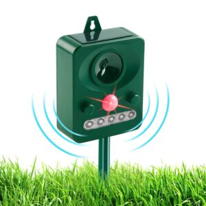 solar animal repeller, ultrasonic animal deterrent rodent repeller for cat, dog, squirrel, deer, fox, outdoor animal repellent with motion sensor and led light alarm, protect yards, lawn gardens