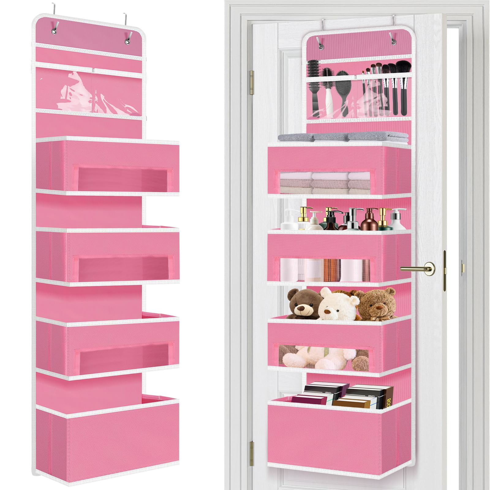 HAKACC Door Hanging Organizer Nursery Closet Cabinet Baby Storage，Upgrade Hanging Storage with Clear Window with 4 Large Pockets and 2 Small PVC Pockets for Cosmetics,Toys and Sundries,Pink