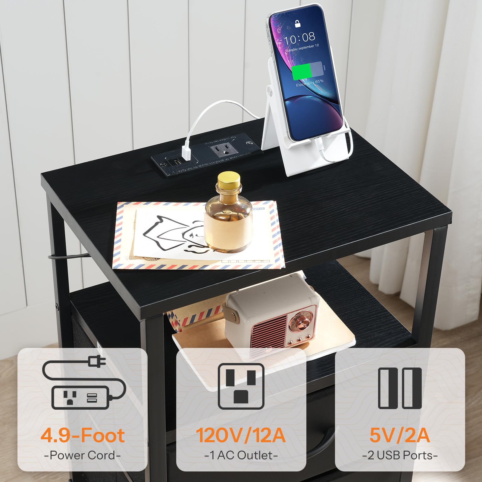 HOOBRO Nightstand with Charging Station and LED Light, Night Stand with 2 Fabric Drawers and Open Storage, Bedside Table with USB Ports and Outlet, End Table for Bedroom, Black BB110UDBZ01