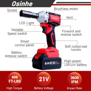 Osinhe 21V Cordless Impact Wrench, 406Ft-lbs (550N.m) Max Torque, Brushless 1/2 inch Impact Wrench, 1Pcs 4.0Ah Battery, Fast Charger, 5Pcs Driver Sockets, Drill & Screwdriver, Tool Box