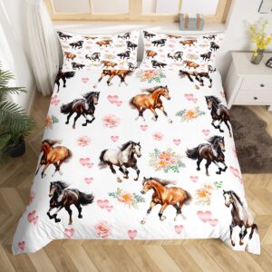 girls horse bedding set king size, pink floral horse comforter cover kids flower cute horse duvet cover galloping horse bedspread cover 3pcs bedclothes (no comforter)