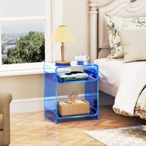 Acrylic End Table Record Player Table with Storage Shelf Clear Side Table Nightstand (Orange, 15.7x19.7x11.8) (Blue)