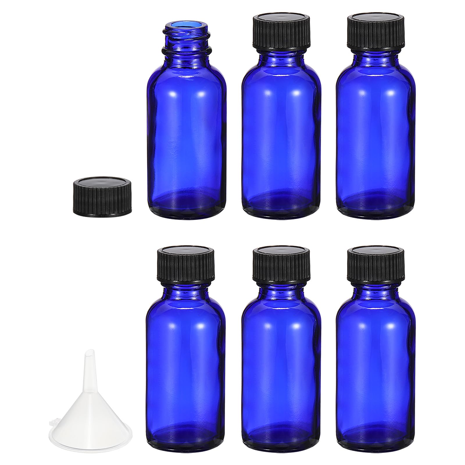 PATIKIL 1oz(30ml) Glass Sample Bottles with Black Poly Cone Cap, 6Pcs Round Bottle Dispensing Bottles with Funnel for Reagent Liquids, Essential Oils, Perfume, Blue