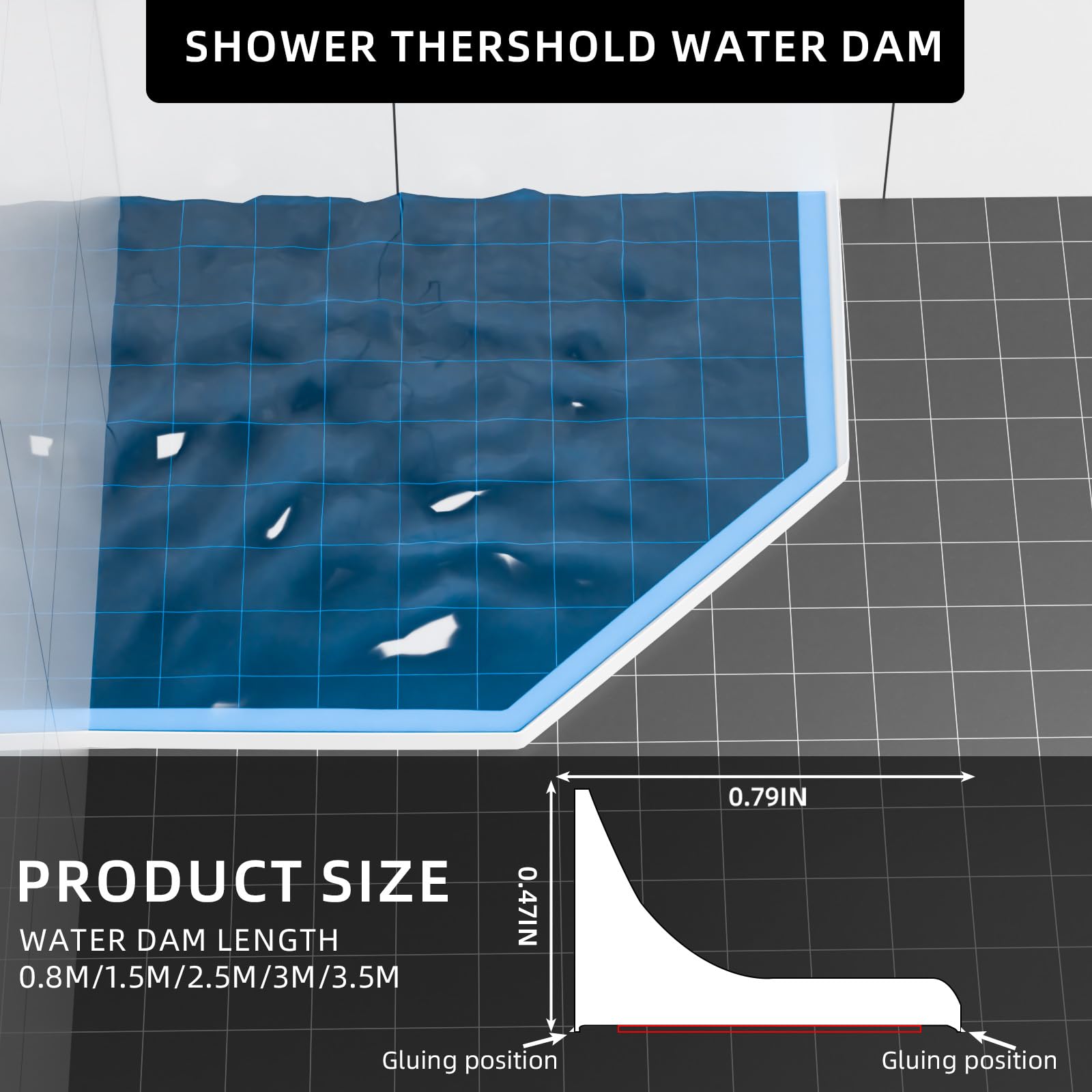 Shower Threshold Water Dam, Silicone Shower Water Guard, Self Adhesive Shower Water Blocker, Collapsible Shower Dam Water Stopper, for Bathroom Bathtub and Kitchen Countertop (White,59In)