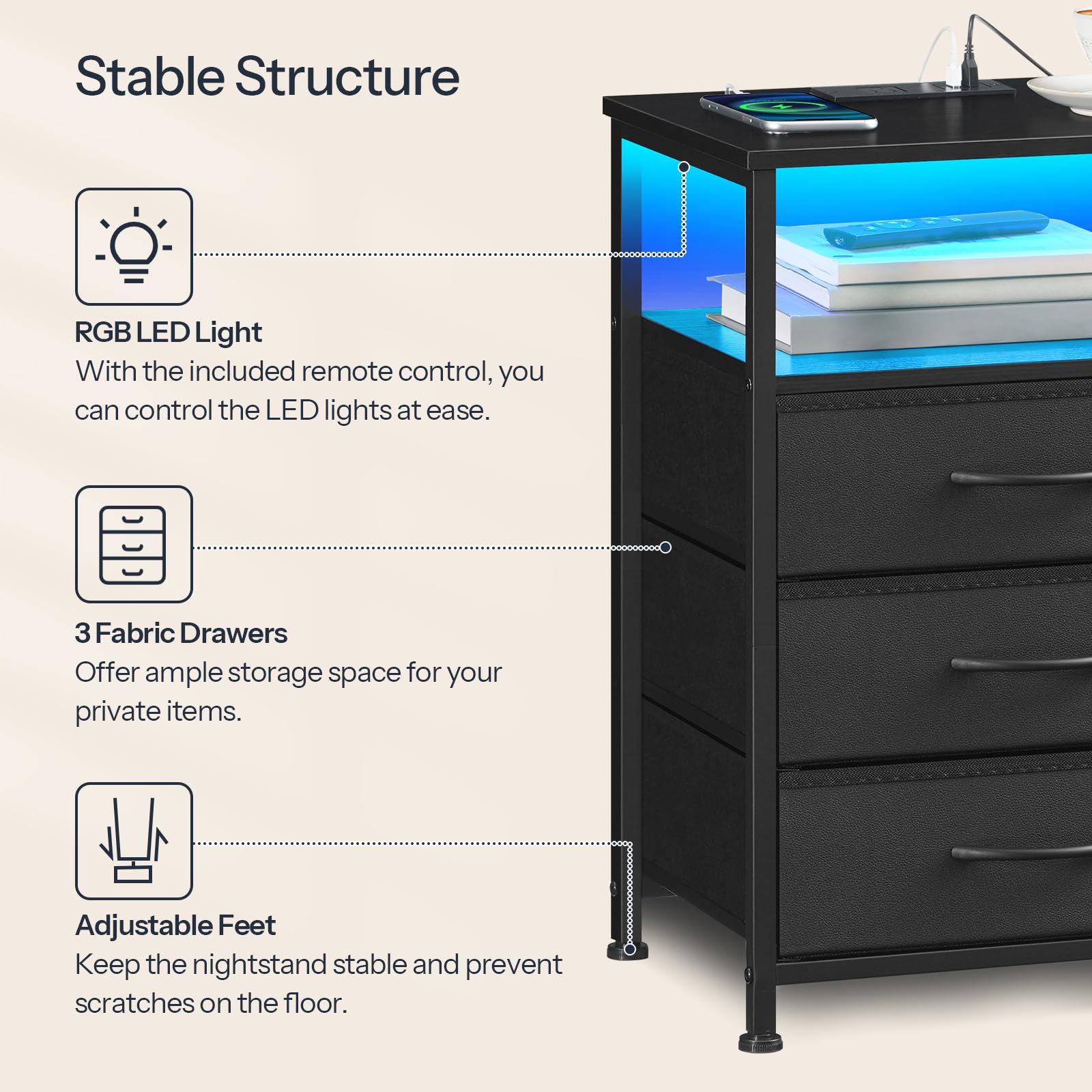 HOOBRO Nightstand with Charging Station and LED Light, Bedside Table with 3 Fabric Drawers, Night Stand with USB Ports and Outlet, End Table for Bedroom, Dorm, Black BB403UDBZ01