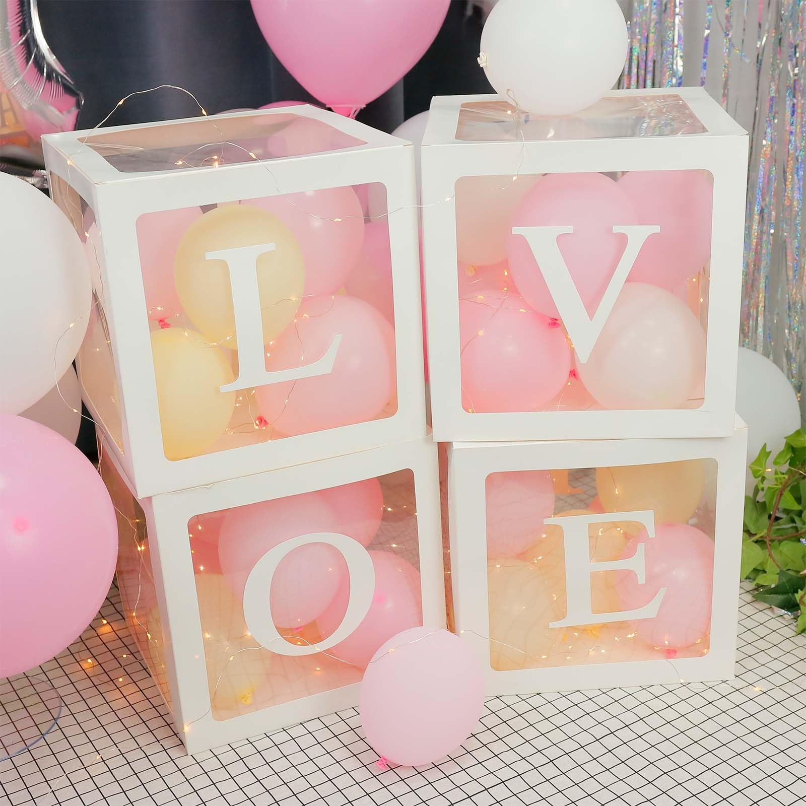 Ledido Baby Boxes with Letters for Baby Shower Balloon Box with Lights,4 Pcs Fairy String Lights and 43 Letters, Clear Blocks for Birthday Party, Bridal Shower, Gender Reveal Decoration - 4 PCS Boxes