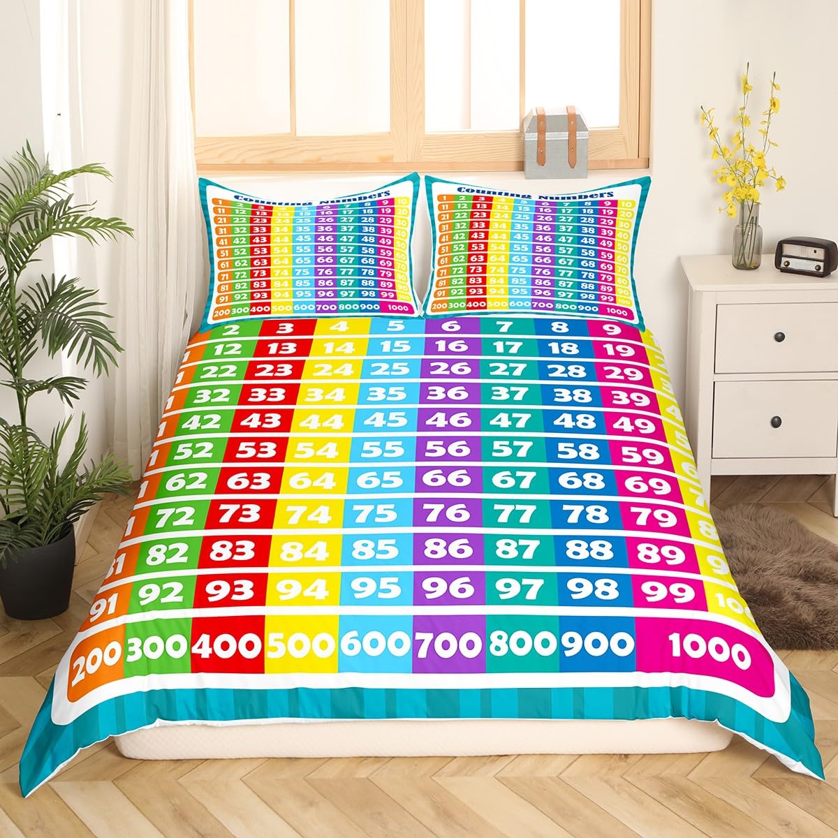 Feelyou Numbers Alphabet Duvet Cover Queen, Educational Learning Comforter Cover for Kids Boys Girls Numbers Bedding Set Learning Time Bedspread Cover Microfiber Bedclothes Zipper (No Comforter)