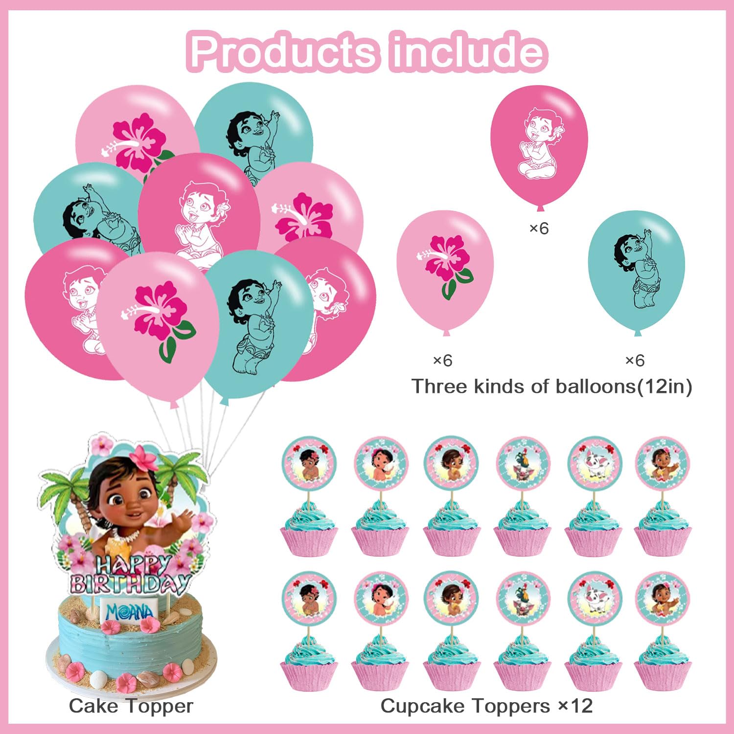 Generic Baby Moana Birthday Party Decorations, Moana Princess Theme Party Supplies set with Banner, Cake Cupcake Toppers, Foil Balloons for Kids Girls Fans Birthday Baby Shower Decorations