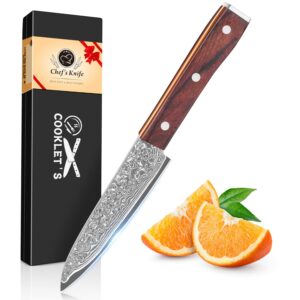 cooklet's small pairing knife for cutting fruit, professional vg10 damascus steel forged ultra sharp kitchen knife, g10 ergonomic color wooden handle with luxury gift box