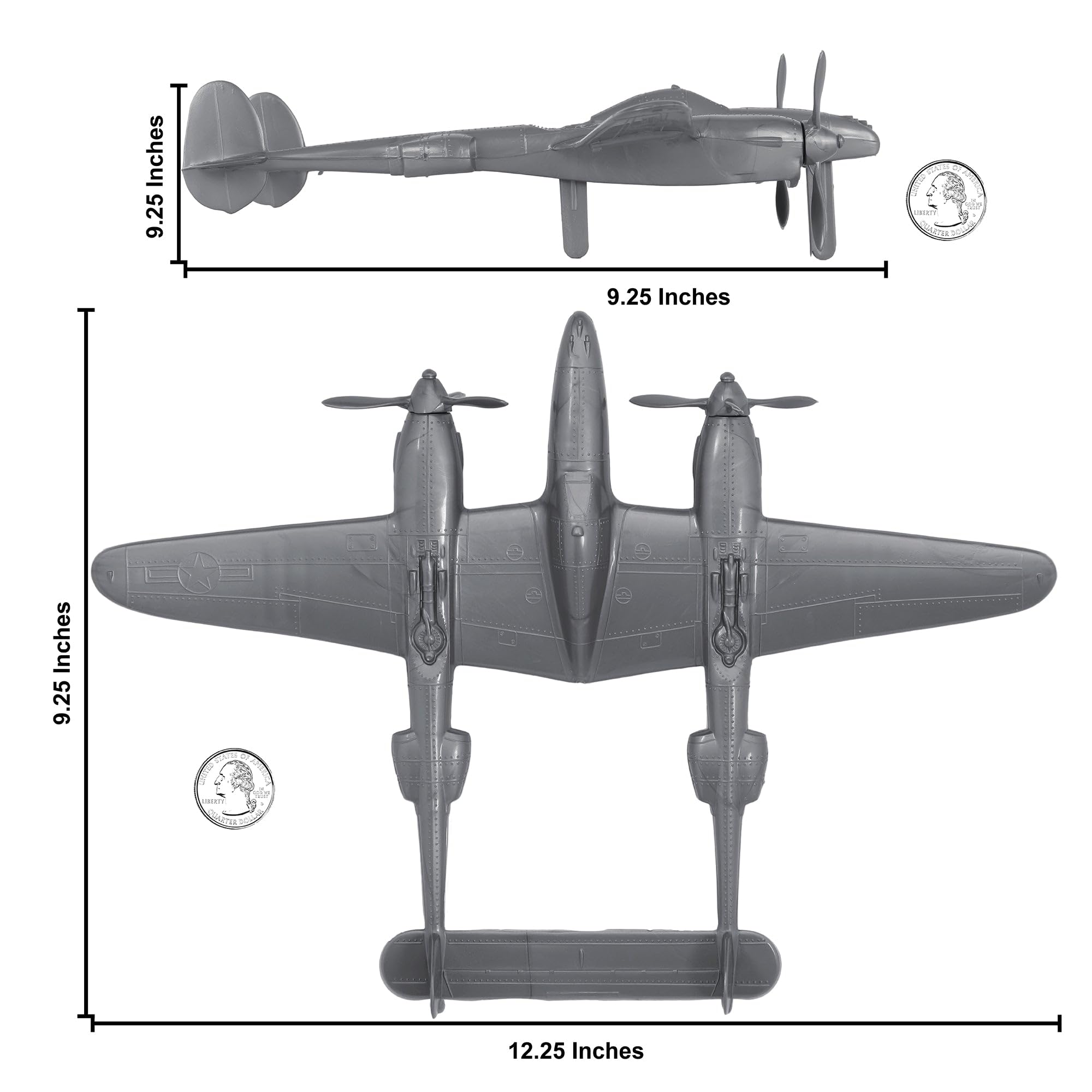 TimMee WW2 P-38 Lightning Fighter Plane - 2pc Silver Plastic Army Men Aircraft