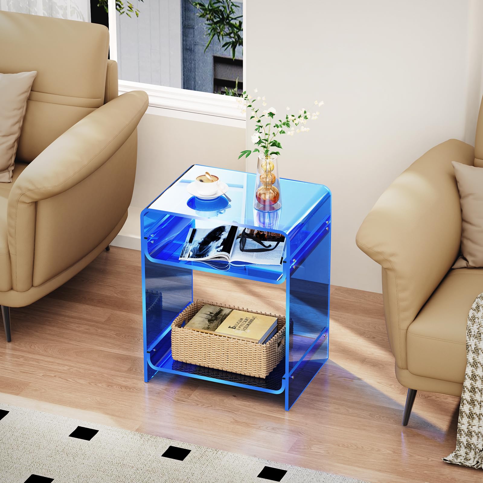 Acrylic End Table Record Player Table with Storage Shelf Clear Side Table Nightstand (Orange, 15.7x19.7x11.8) (Blue)