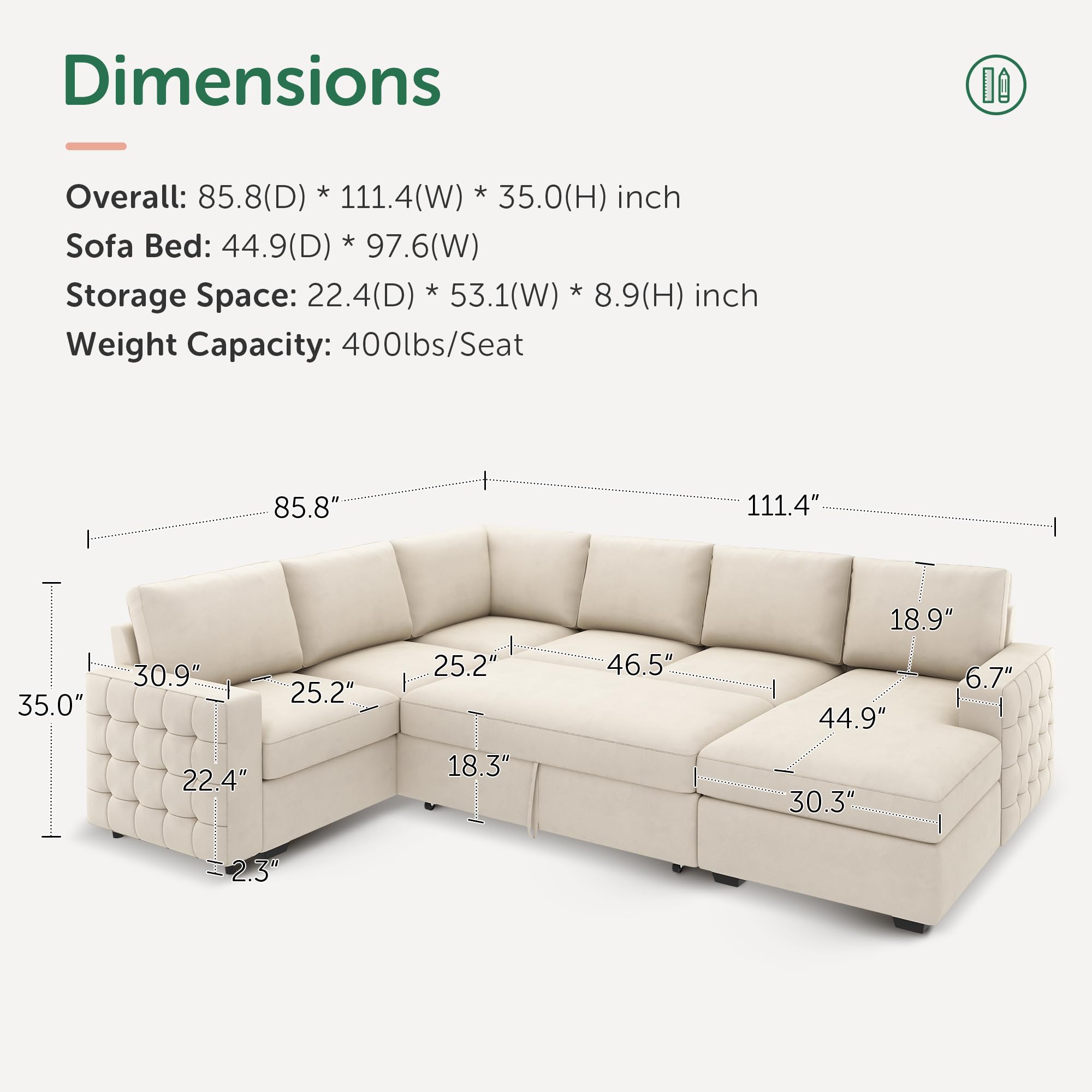 HONBAY Sleeper Sectional Sofa with Storage Chaise U Shaped Sectional Couch for Living Room, Velvet Sleeper Sectional Couch with Pullout Bed, Beige