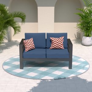 amopatio oversized patio furniture aluminum loveseat, all-weather outdoor 2 seats sofa couch, modern metal chair w/ 5 inch cushions, blue and dark grey