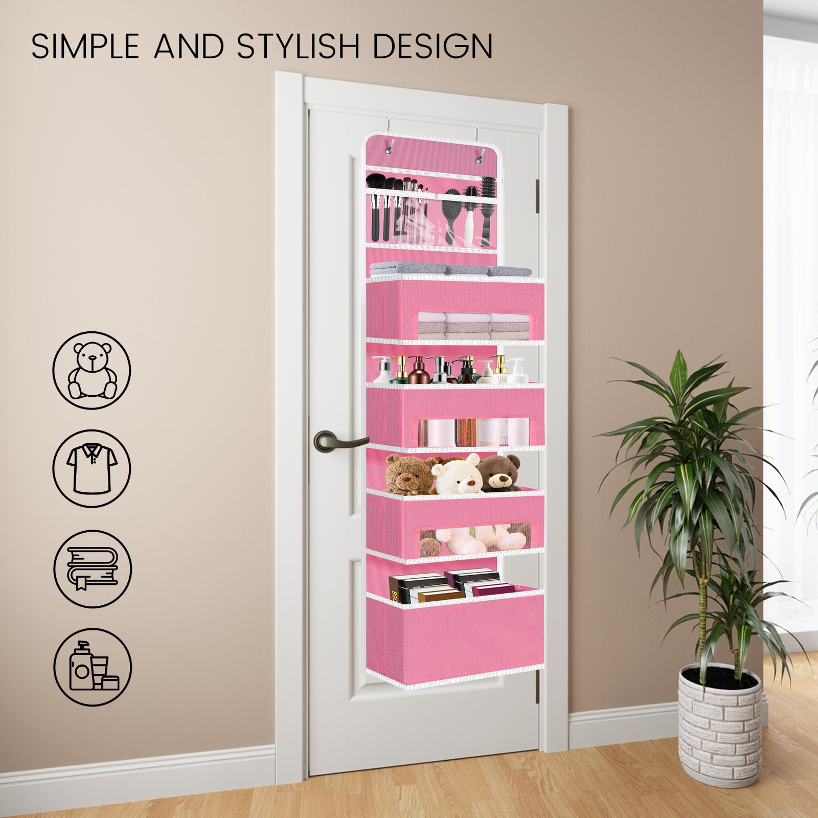 HAKACC Door Hanging Organizer Nursery Closet Cabinet Baby Storage，Upgrade Hanging Storage with Clear Window with 4 Large Pockets and 2 Small PVC Pockets for Cosmetics,Toys and Sundries,Pink