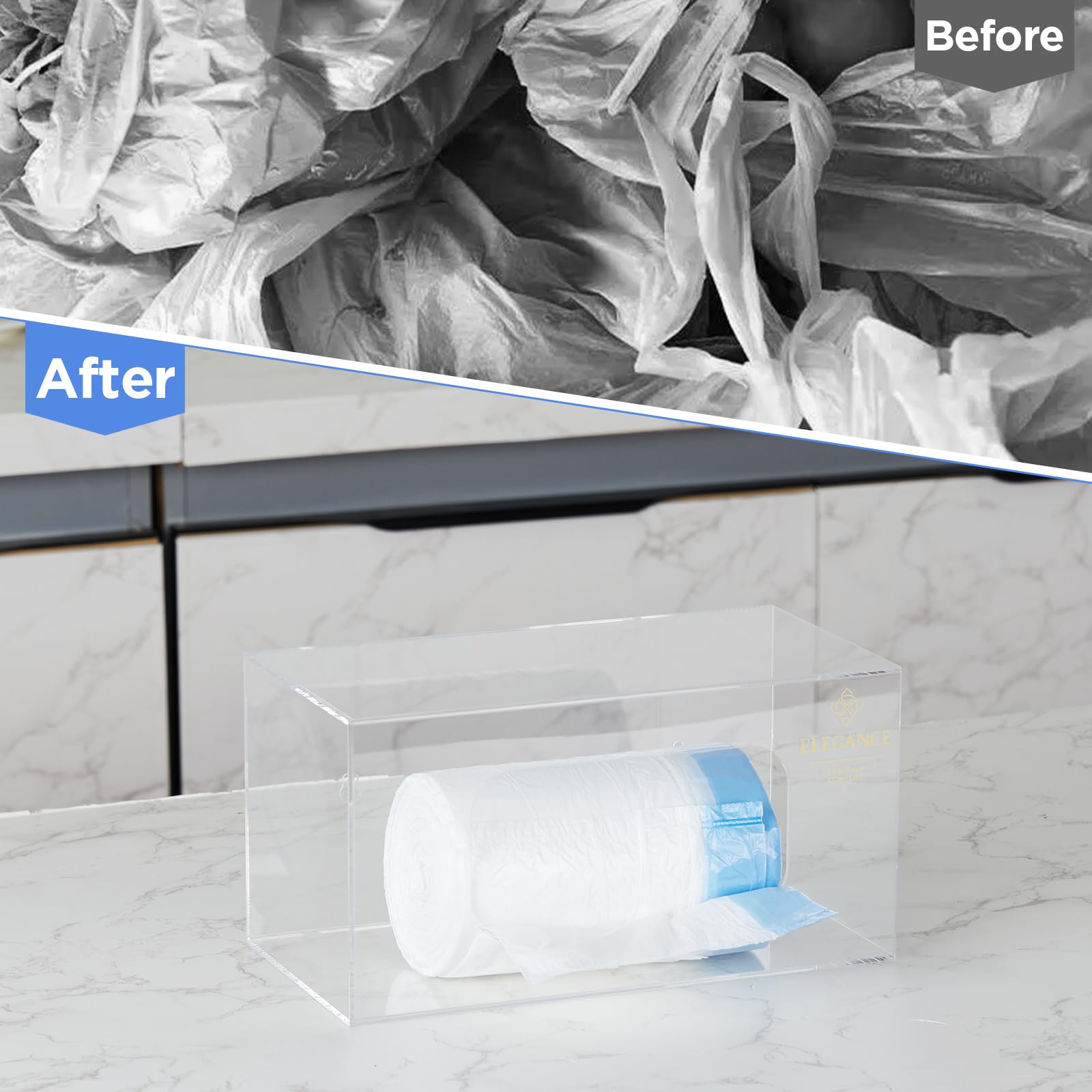 ELEGANCE Trash Bag Holder Dispenser,Clear Acrylic Wall Mounted Garbage Bag Dispenser for Kitchen Cabinets and Under Sink Storage