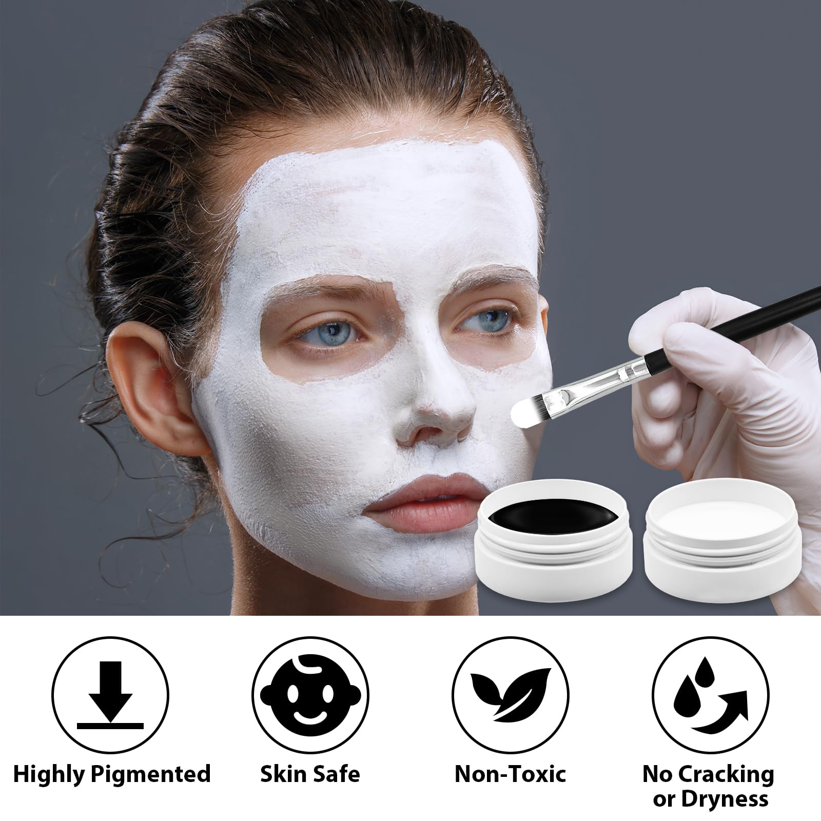 Black & White Face Paint Set (2.47 oz Each) - Halloween Full Coverage Face Painting Special Effects Makeup Kit for Body Face, Ideal for Skeleton, Joker, Clown, Corpse Cosplay Costume Accessories