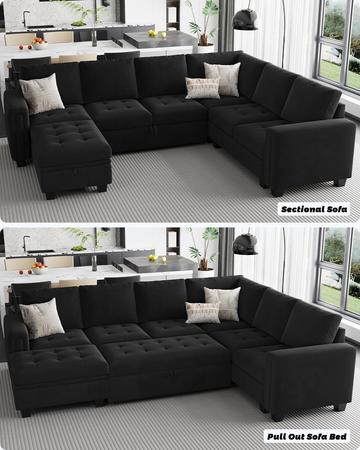 Belffin Modular Sectional Sleeper Sofa with Pull Out Bed U Shaped Sectional Sofa Couch with Storage Ottoman Velvet Covertible 7-Seater Sofa for Living Room Black