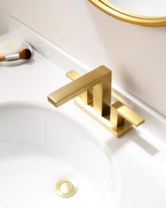 indare 2 handle centerset bathroom faucet， gold bathroom faucets for sink 3 hole， 4-inch bathroom sink faucet， bathroom faucets with pop-up drain & supply lines， brushed gold，110107-bg-1