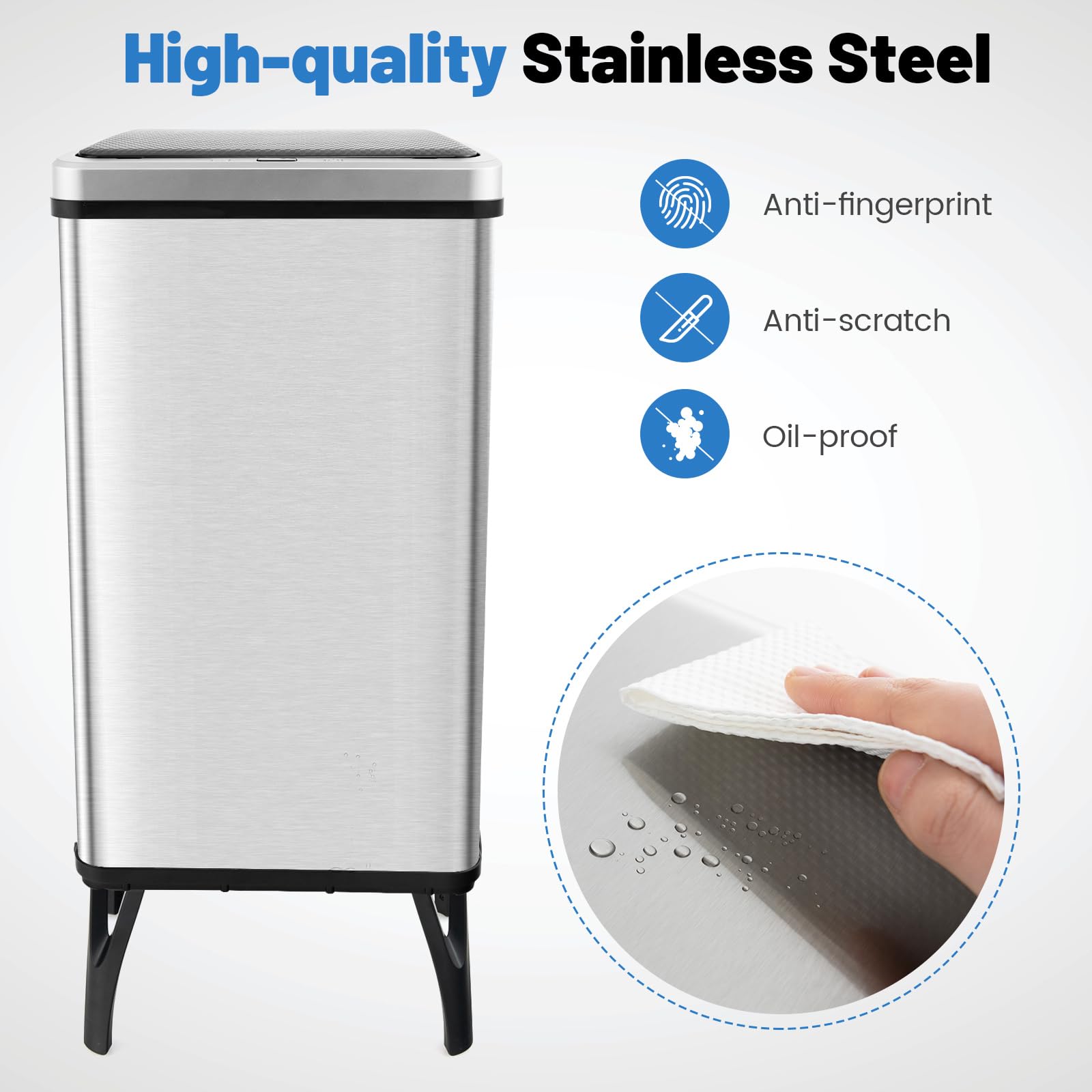 Goplus Stainless Steel Trash Can 13 Gallon, Automatic Motion Sensor Garbage Can with Stay-on Lid and Soft Closure, Elevated Tall Waste Bin with Detachable Legs for Kitchen, Office, Silver