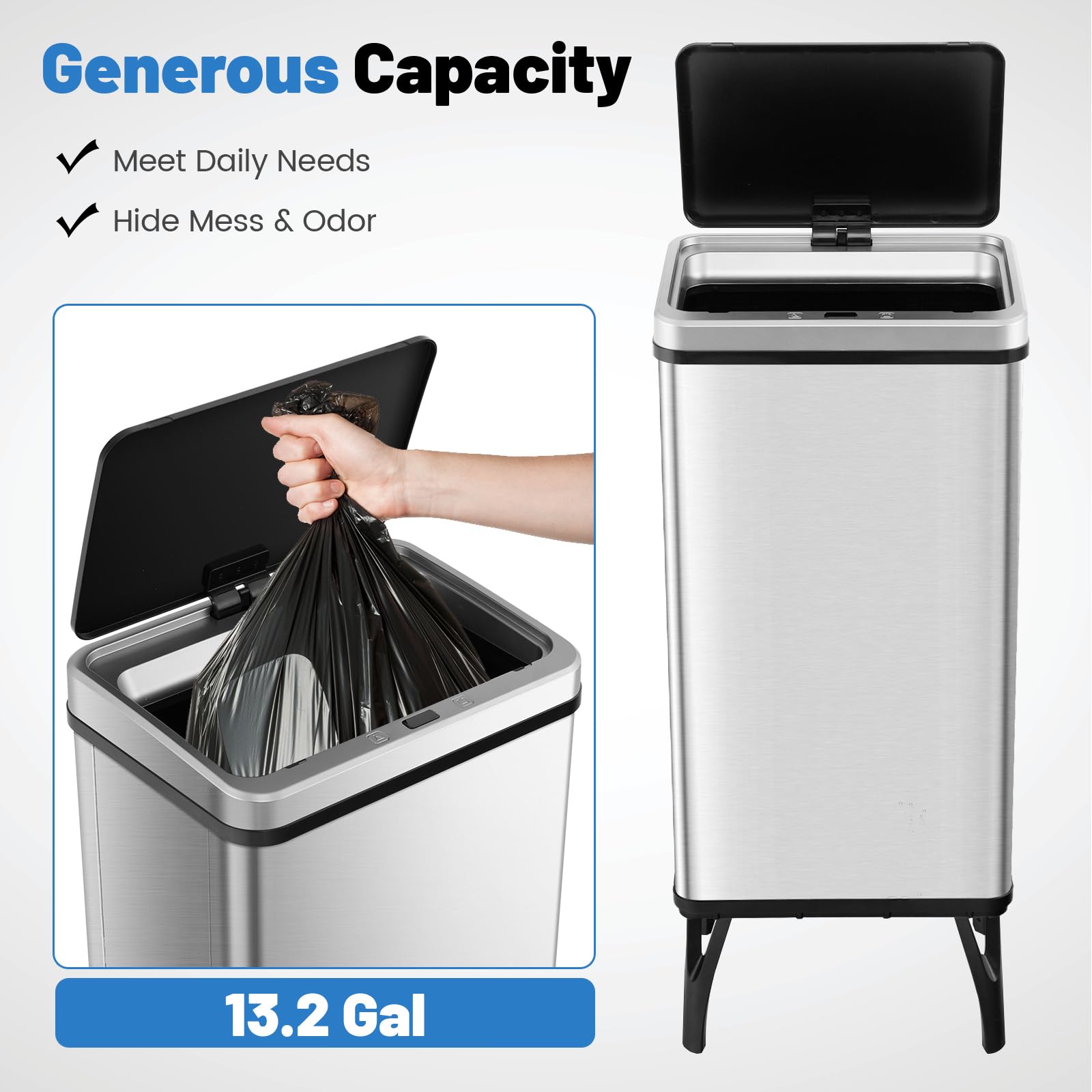 Goplus Stainless Steel Trash Can 13 Gallon, Automatic Motion Sensor Garbage Can with Stay-on Lid and Soft Closure, Elevated Tall Waste Bin with Detachable Legs for Kitchen, Office, Silver