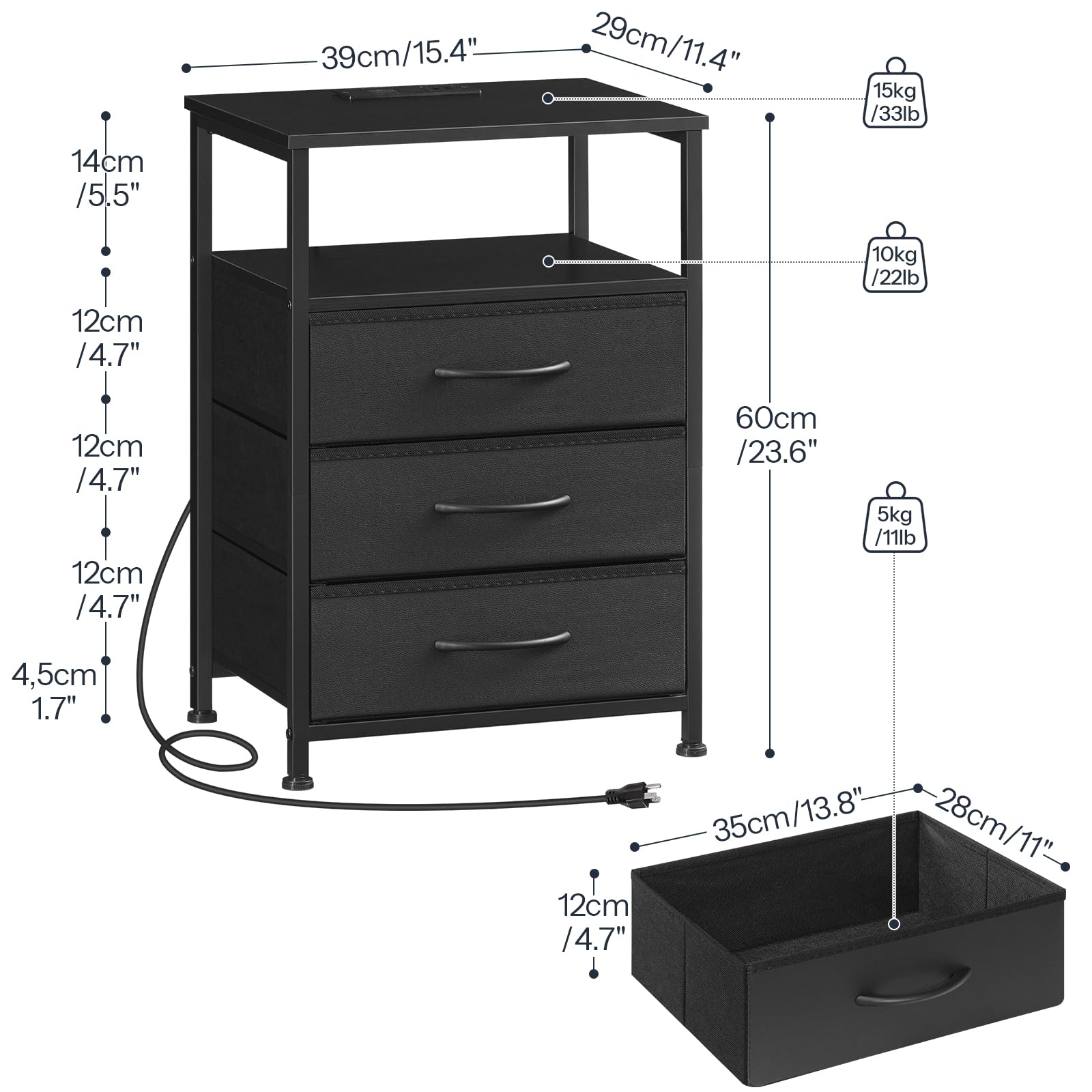 HOOBRO Nightstand with Charging Station and LED Light, Bedside Table with 3 Fabric Drawers, Night Stand with USB Ports and Outlet, End Table for Bedroom, Dorm, Black BB403UDBZ01