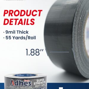 ADHES Black Duct Tape Heavy Duty Waterproof 1.88 Inch x 164 Feet (55YD) Strong Adhesive & No Residue Black Duct Tape for Indoor & Outdoor Repairs, Industrial, Professional Use