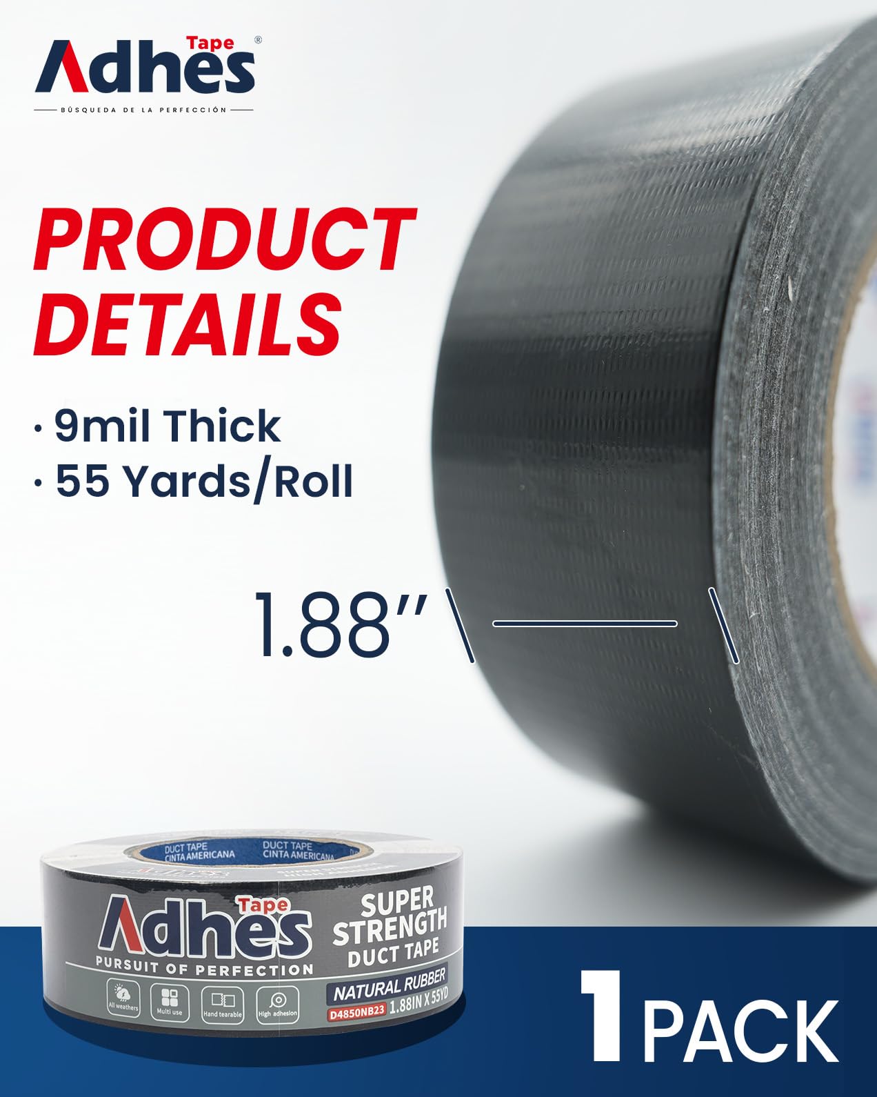 ADHES Black Duct Tape Heavy Duty Waterproof 1.88 Inch x 164 Feet (55YD) Strong Adhesive & No Residue Black Duct Tape for Indoor & Outdoor Repairs, Industrial, Professional Use