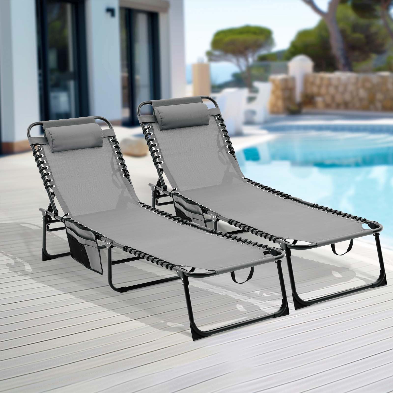 Unovivy Set of 2 Outdoor Lounge Chairs Fold TanningChair 4-Level Adjustable, Portable Pool LoungeChair with Headrest&SidePocket, Gray