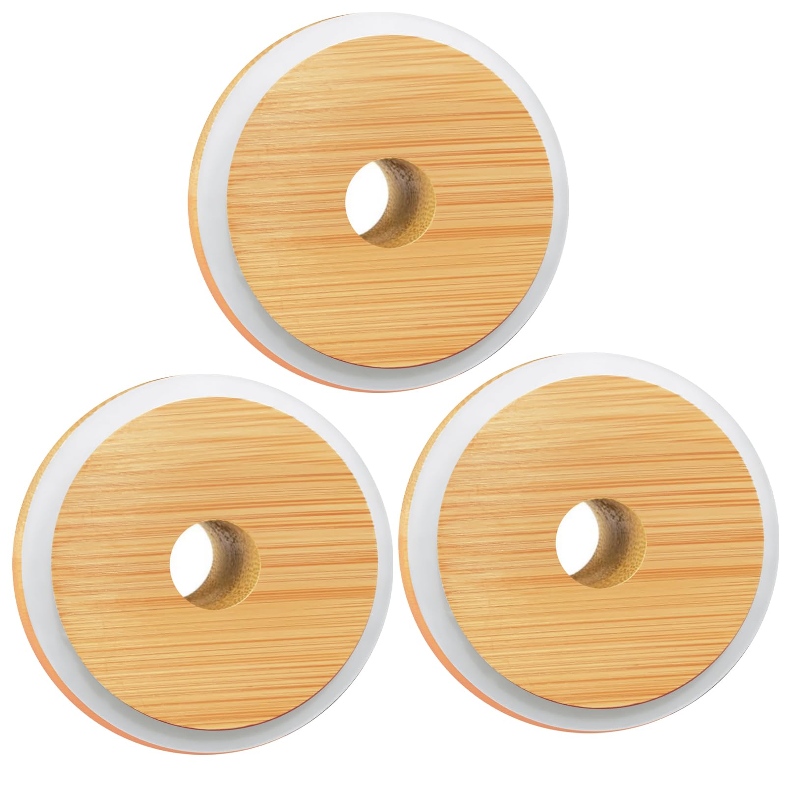 Mason Jar Lids with Straw Hole, 2.76inch/70mm Bamboo Mason Jar Lids for Regular Mouth Drinking Jars, Reusable Wooden Lids, Bamboo Lids Perfect for Glass Cups and Beer Glasses (3 Pack)