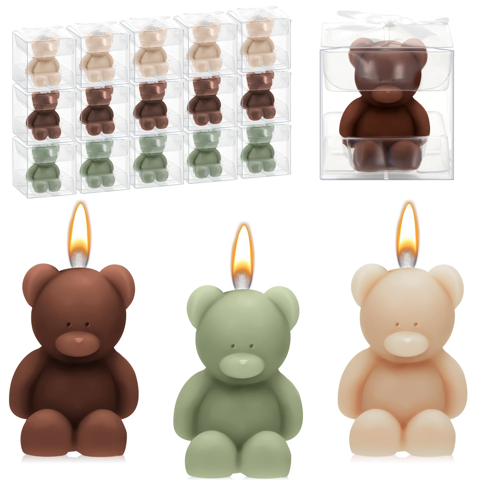 Dansib 15 Pcs Bear Baby Shower Candle Favor Bear Gender Reveal Party Favor for Guest Bear Party Favor Boy or Girl Bear Candle for Gender Reveal Baby Shower Party Favor(Light Brown, Dark Brown, Green)